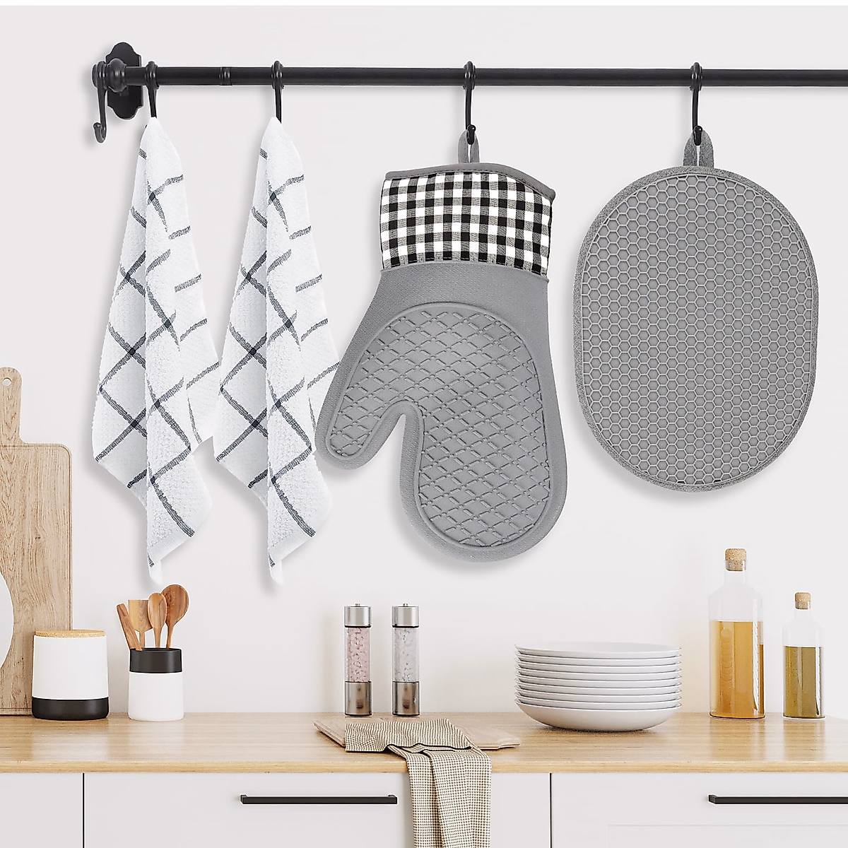 JAOBHAHY Oven Mitts Set, Silicone Oven Mitts and Pot Holders Sets with Hot Pads and Oven Mitts Heat Resistant, 4pcs Bakeware Set for Oven Kitchen Cooking