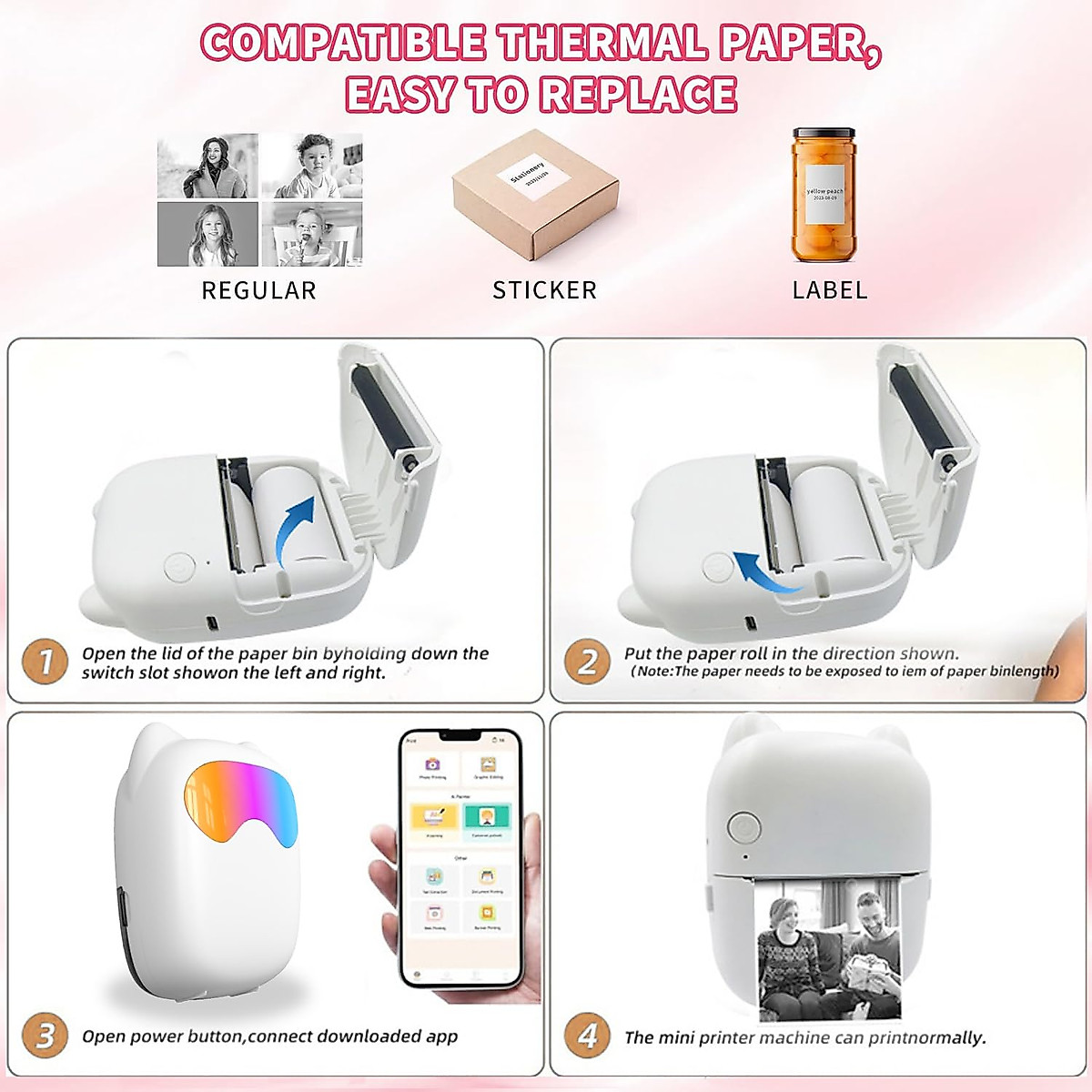 COOPOY Mini Pocket Printer, Bluetooth Smart Sticker Printer with 13 Rolls Paper,Mini Study Thermal Printer,Photo Printer Phone Printer with Cartoon Stickers and Watercolor Pen,Gift for Kids