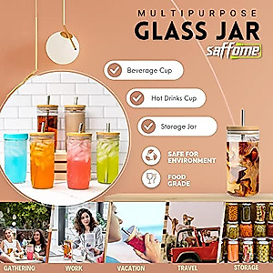 Saffome 6 Pack Glass Mug Set - Drinking Glasses Tumbler, 24oz Reusable Boba Tea Cups with Bamboo Lids, Travel Tumbler Bottle, Non-slip Glasses for Iced Coffee, Smoothie
