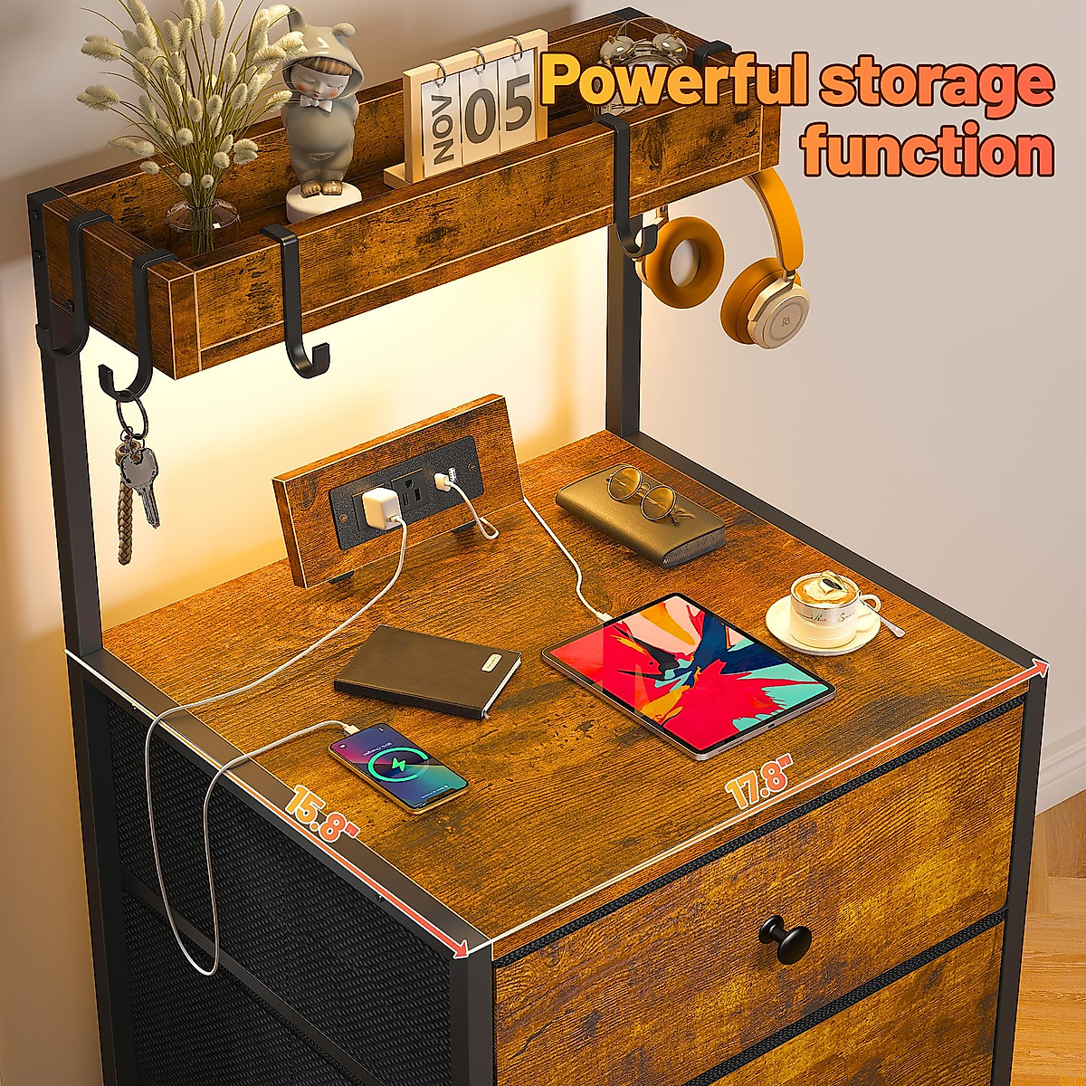 EnHomee Tall Nightstand Set of 2 with Charging Station and Led Lights Nightstand with 3 Drawers and Shelves Bedside Table with USB Ports and Outlets, for Bedroom, 4 Hooks, Rustic Brown
