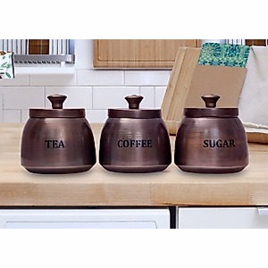 Cattle Design Coffee Sugar Tea Canister Set of 3 - Galvanized Metal - Beautiful Fancy Elegant Decorative Food Storage Jars Perfect for Farmhouse Countertop Kitchen Décor - 5 Inch - Copper Antique