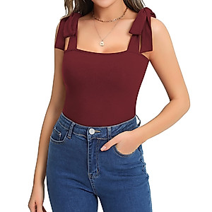 MANGOPOP Women's Square Neck Sleeveless Tank Tops Tie Shoulder Bodysuits Jumpsuits Clubwear