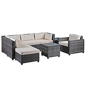 Merax 8 Pieces Grey Rattan Patio Furniture Sets, Outdoor Wicker Sectional Seating Group with 2 Coffee Tables and 4.7'' Thick Beige Cushions