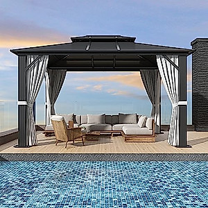 oneinmil 10x12FT Outdoor Hardtop Gazebo Galvanized Steel Pergolas Double Roof Canopy, Aluminum Frame Grill Pergola for Patios with Netting and Curtains,Grey