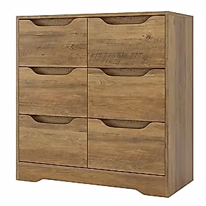 URKNO Modern 6 Drawer Dresser, Double Chest of Drawers with Storage, 3+3 Clothing Organizer with Cut-Out Handle, Dresser Chest, Wood Storage Cabinet for Living Room, Bedroom, Hallway, Rustic Brown