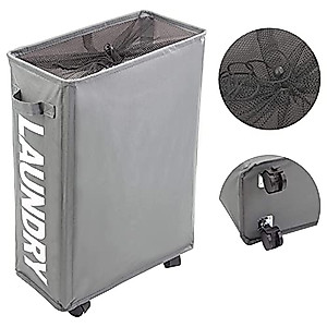 Mziart 22" Rolling Laundry Baskets on Wheels, Collapsible Slim Laundry Hamper Canvas Flexible Laundry Bag Storage Bin Organizer Dirty Clothes Sorter for Laundry Room Organization and Storage (Grey)