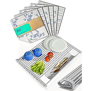 BELLE TERRE Roll-Up Dish Drying Rack & Swedish Dish Cloth Set - Space-Saving Sink Rack (20.5" x 15.5") with Utensil Tray & Reusable Absorbent Cloths - Solid Steel Construction & Cellulose Material