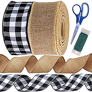 Winlyn 24 Yards 2 Rolls Wired Ribbons for Crafts Wreaths Black and White Buffalo Plaid Ribbon Wired Buffalo Check Ribbon Wired Burlap Ribbons 2.5" W