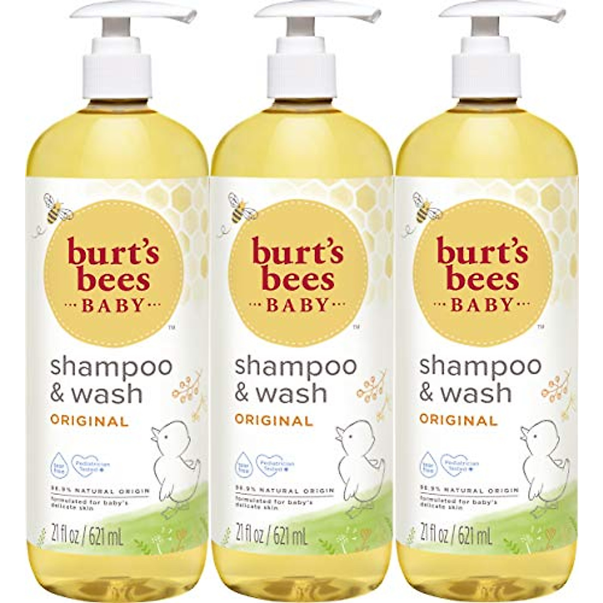 Burt's Bees Baby Shampoo and Wash Set, 2-in-1 Natural Origin Plant Based Formula for Sensitive Skin, Original Fresh Scent, Tear-Free, Paraben Free, Pediatrician Tested, 3 Bottles 63 oz (21 oz 3-Pack)