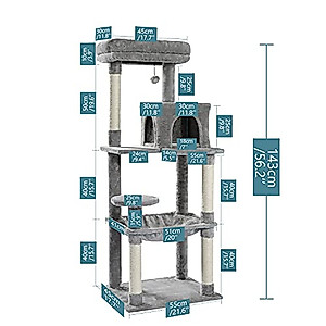 PETEPELA 56.3 Inches Cat Tree for Indoor Cats Multi-Level Cat Tower with Sisal Covered Scratching Posts, Cozy Condo, Super Large Hammock and Plush Perches Grey