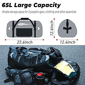 AFISHTOUR 65L Waterproof Duffel Bag for Men and Women - Large Motorcycle Duffle Bag with Straps for Back Seat - Roll Top Dry Bag for Kayaking, Rafting, Boating, Swimming, Beach (Black)