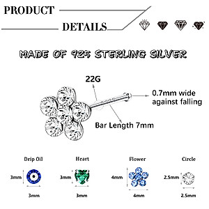 IRONBOX 12Pcs 22G Nose Studs for Women Men 925 Sterling Silver Inlaid 3MM Round Heart Flower Austrian Cubic Zirconia Nose Rings Stud Multicolor Nose Body Piercing Jewelry with Box