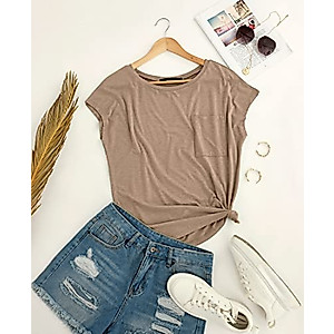 MIROL Women's Short Sleeve Tunic Tops 2023 Basic Loose T Shirts Solid Color Batwing Cap Sleeve Casual Tee Khaki