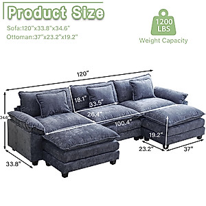 VUYUYU Sectional Sofa Comfy Cloud Couch for Living Room with Pillows, Modern Chenille Sofa Sleeper Deep Couches with Two Ottomans (Blue, 5-Seat)