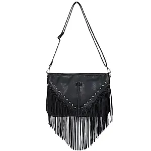 IAMUHI Casual Rivets Fringed Shoulder Handbag for Women/Girls,Soft Vegan Leather Hippie Crossbody Purse Bag Black