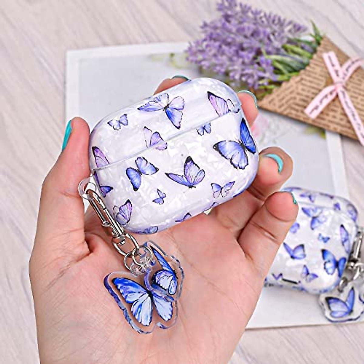 Cute Airpod Case with Butterfly Pendant, Kawaii Dreamy Blue Butterfly Shell Design Soft Shockproof Protective Cover Compatiable with Airpods Pro Case for Girls and Womens