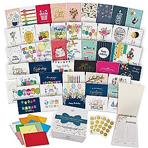 Dessie Unique Birthday Cards Assortment with Greetings Inside, Assorted Color Envelopes, Gold Seals, Birthday Calendar in Sturdy Storage Box, 100 Cards