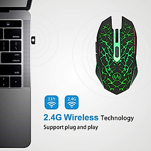 TENMOS K6 Wireless Gaming Mouse, Rechargeable Silent LED Optical Computer Mice with USB Receiver, 3 Adjustable DPI level and 6 Buttons, Auto Sleeping Compatible Laptop/PC/Notebook (green light)