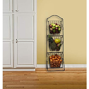 Gourmet Basics by Mikasa Rio 3-Tier Metal Floor Standing Fruit Storage Basket with Removable Wheels, 47.75-Inch, Black