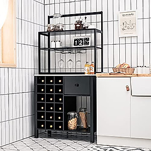 LOKO Bar Cabinet, Wine Storage Cabinet with Detachable Glass Holder and Racks, Kitchen Bakers Rack with Wine Rack, 31 x 16 x 64 inches (Black)