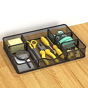 VyGrow Desk Drawer Organizer Tray, Metal Mesh Drawer Organizers Office, 6 Adjustable Compartment, Desk Organizer Tray for Home Office 12.87x8.73x1.96 inch, Black, 1 Pack