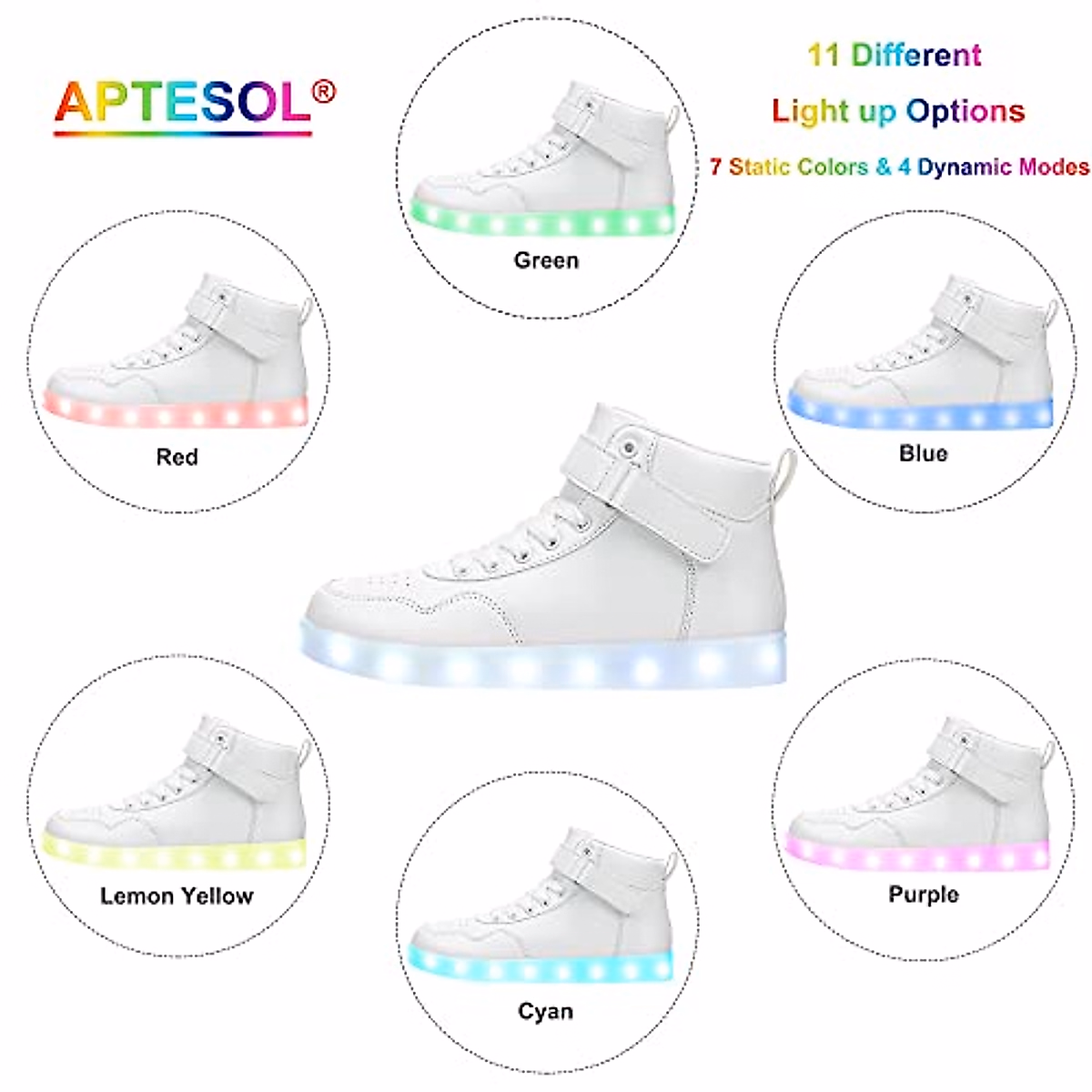 APTESOL Unisex LED Shoes High Top Light Up Sneakers USB Rechargeable Flashing Shoes for Women Men (White,5.5 Women/4 Men)
