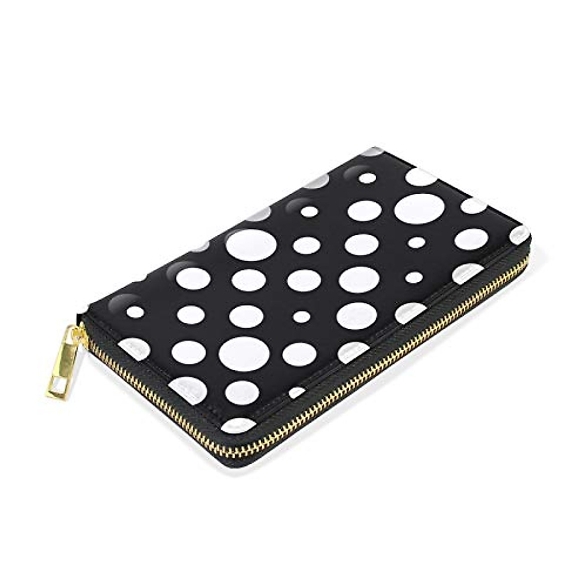 Art Vintage Black White Polka Dot Leather Womens Zipper Wallets Clutch Coin Case