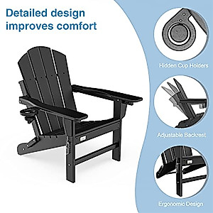 Mdeam Folding Adirondack Chairs Set of 4 Adjustable Backrest with Cup Holder, Fire Pit Chairs,HDPE All Weather for Patio Lawn Outdoor, Black