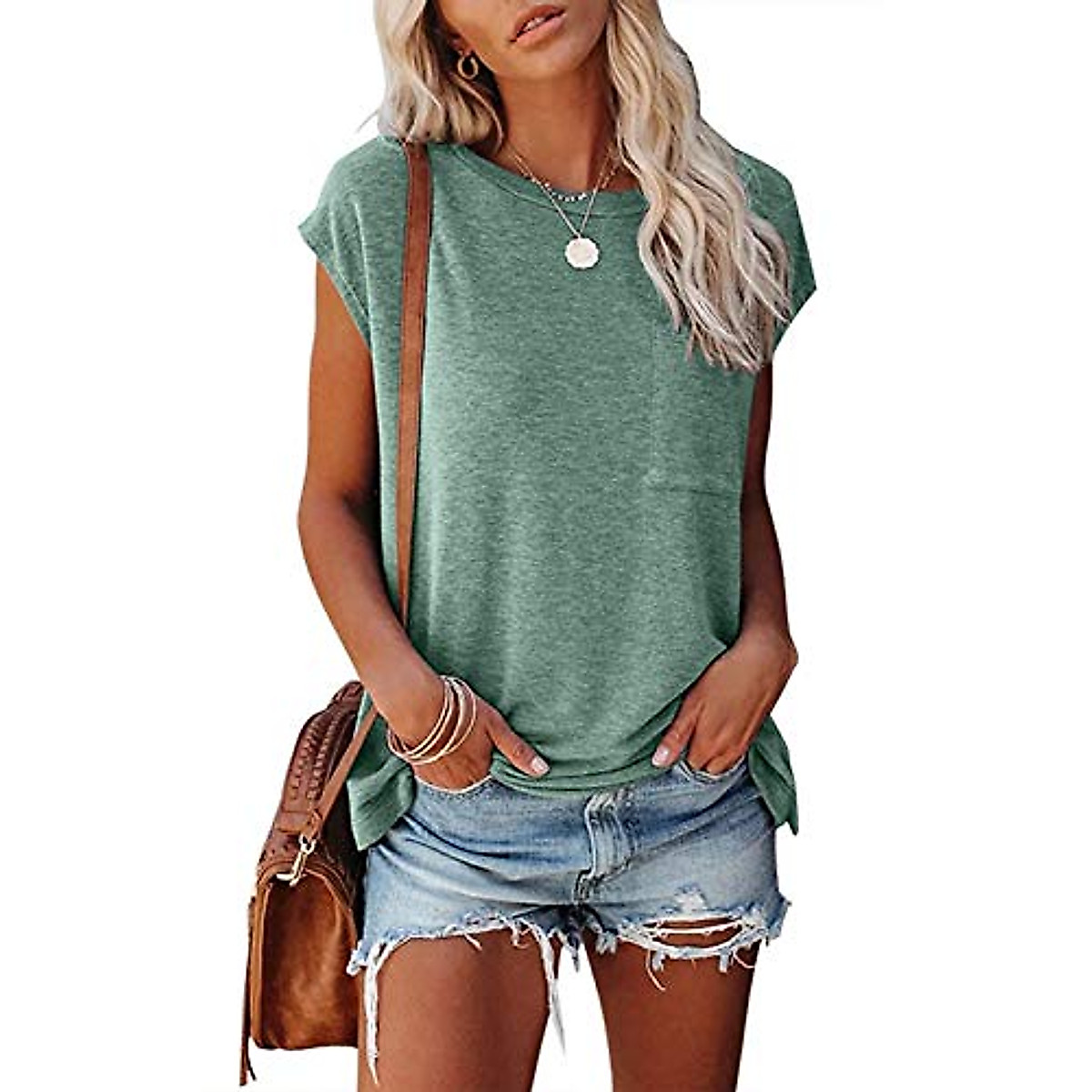 MEROKEETY Women's Casual Cap Sleeve T Shirts Basic Summer Tops Loose Solid Color Blouse Green