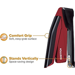 Bostitch Stapler with Staples - InPower Red Stapler - Spring Powered Stapler with 1260 Staples - Built-in Staple Remover - Staple Storage Compartment - One Touch Heavy Duty Staplers for Desk