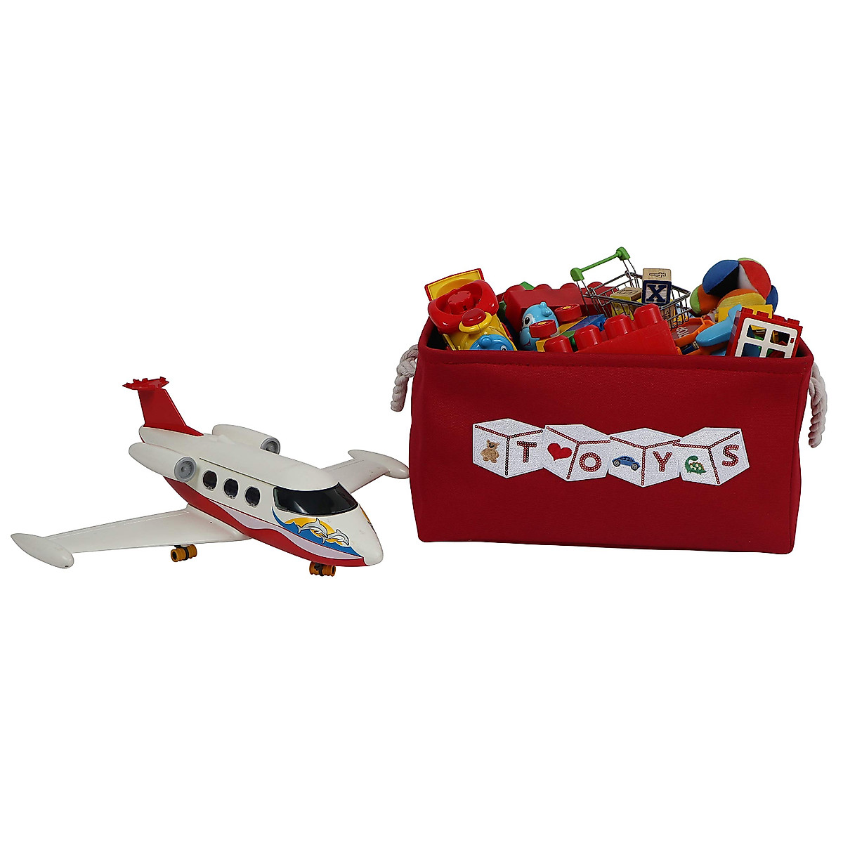 Toy Storage Basket Bin for Organizing Baby, Kids, Dog Toys, Children Books. Red Canvas Box Organizer w/Attractive White Patch for Playroom, Nursery