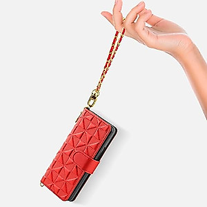 Qoosan Genuine Leather Designed for Samsung Galaxy Z Fold 5 Wallet Case (2023) Hinge Protection 360 Cover Flip Phone Case with Card Holder Strap, Red