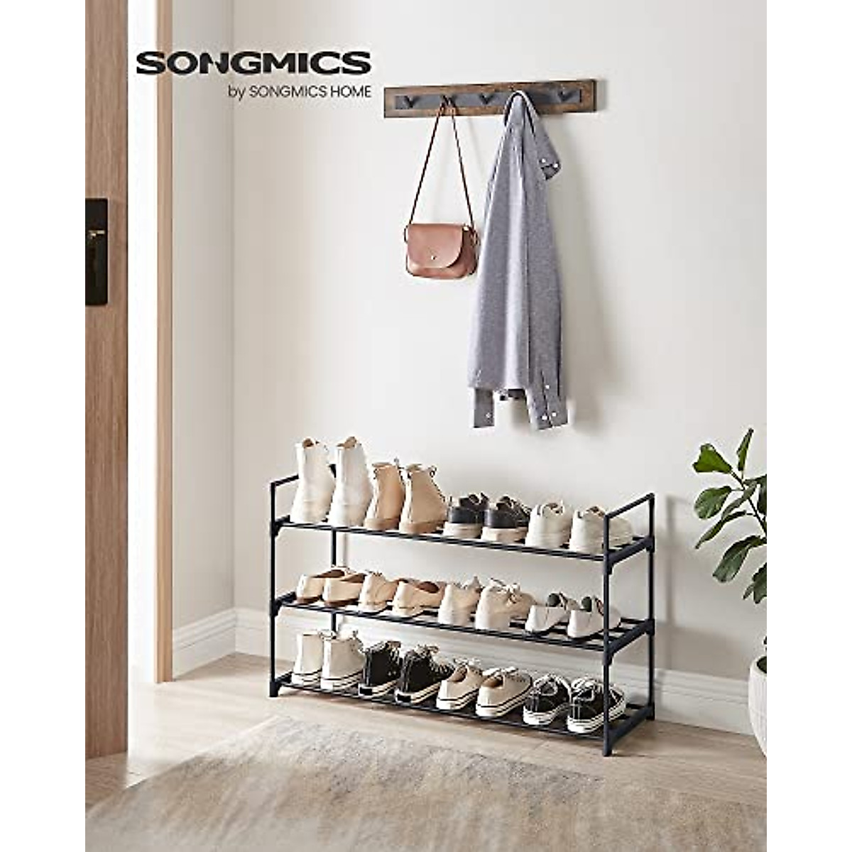 SONGMICS Shoe Rack, 3-Tier Shoe Storage Organizer, Metal Shoe Shelf, 12 to 15 Pairs Shoes, Stackable Shoe Tower for Living Room, Entryway, Hallway, Closet, Black ULSA13BK
