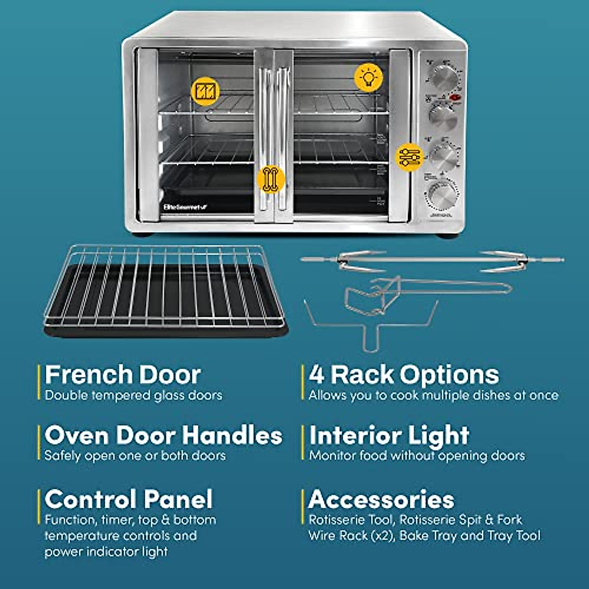 Elite Gourmet ETO4510B French Door 47.5Qt, 18-Slice Convection Oven 4-Control Knobs, Bake Broil Toast Rotisserie Keep Warm, Includes 2 x 14" Pizza Racks, Stainless Steel