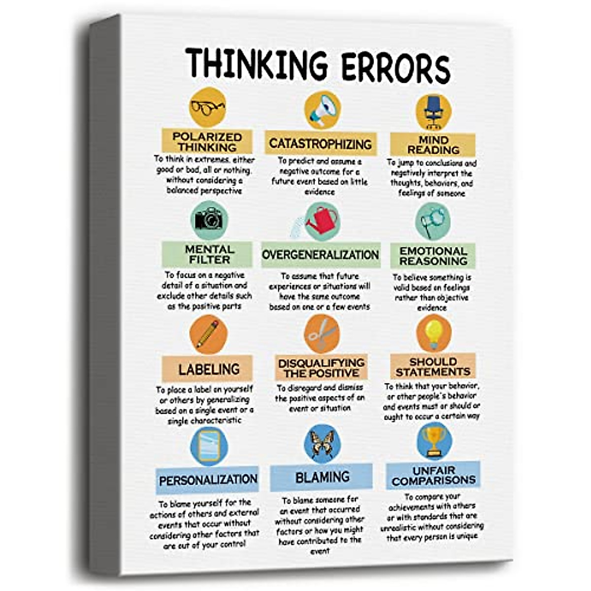 Thinking Errors Canvas Wall Art Decor, Cognitive Distortions Decor, School Psychologist Canvas Prints Poster Counselor Office Decor, Therapy Anxiety, Psychologist CBT Mental Health Strategies 12x15