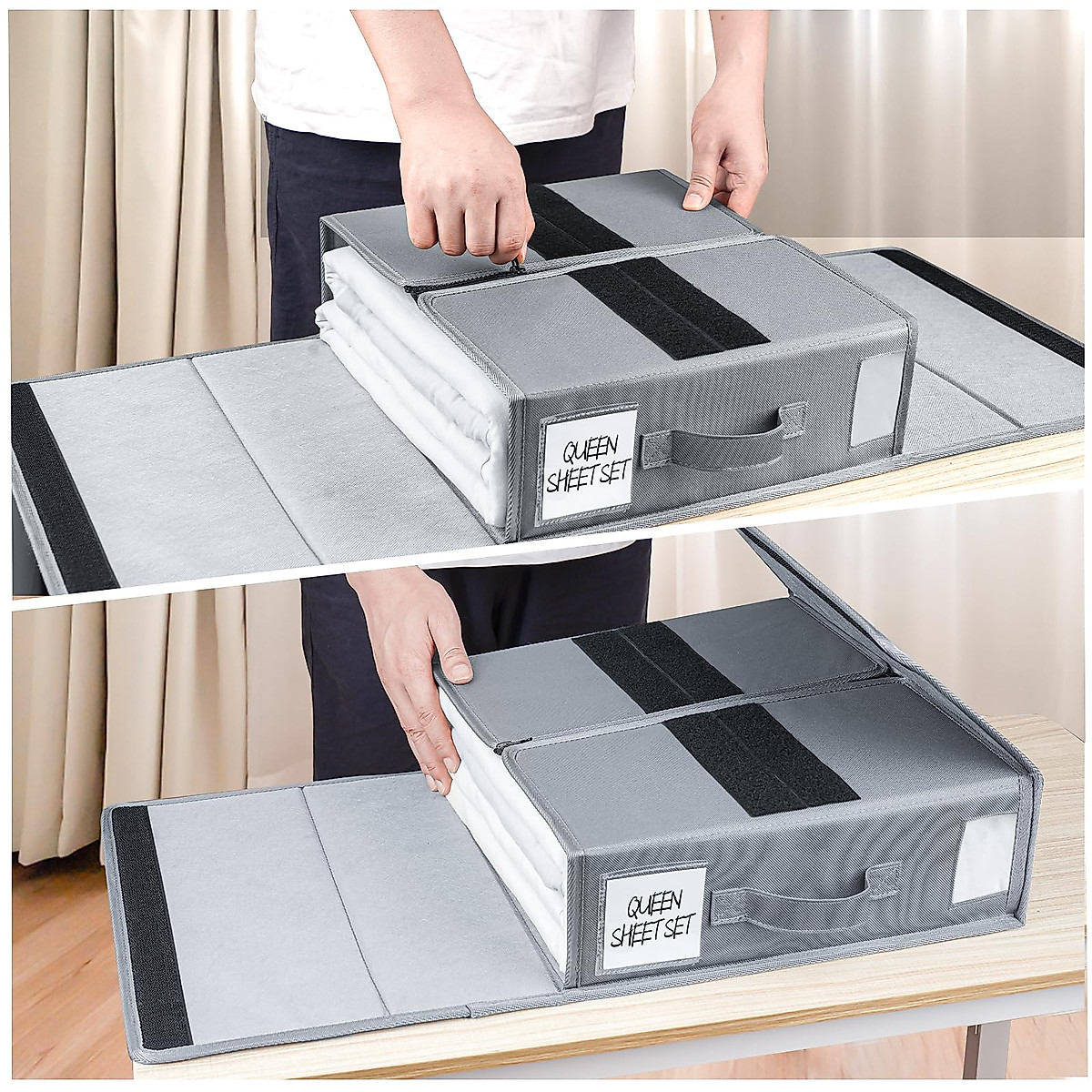 BIKTIC Foldable Bed Sheet Set Organizer,2-Pack with Zipper for Queen or King Sheets, Duvet Covers, and Pillowcases, Linen Closet Organizer for Bedding Clothes Towels