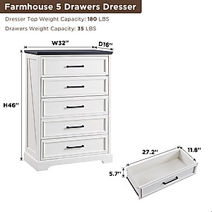 ACCOHOHO Farmhouse 5 Drawers Dresser Chests for Bedroom,46" Tall Wood Rustic Chest of Drawers with Wide Metal Handle,Natural Texture,Drawer Organizer for Bedroom,Living Room,Hallway and Entryway,White
