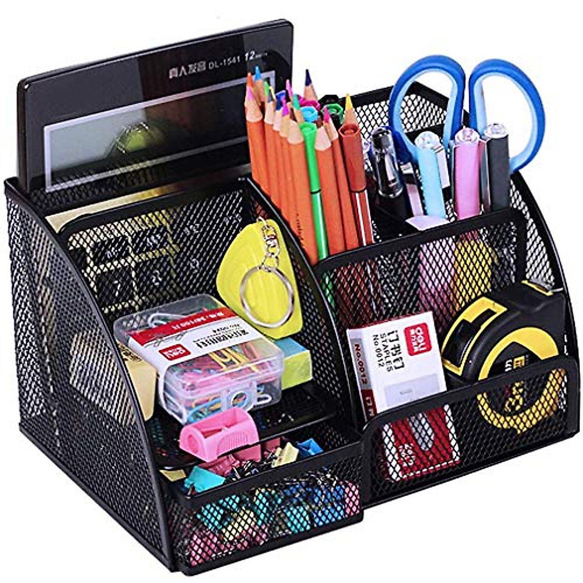 MONBLA Mesh Multi-Functional Stationery Storage Organizer Office Stationery Case Stationary Caddy Metal Desk Organizer Pencil Pen Holder 5 Compartments Black