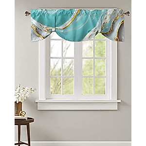Tie Up Curtain Valance Window Topper 1 Panel 54x18in,Wild Agate Marble Stone Texture Adjustable Rod Pocket Short Window Shade Valances for Kitchen Bedroom Windows,Natural Abstract Aqua White Gold