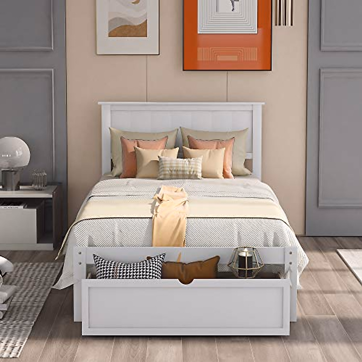 PPHOME Twin Size Platform Bed with Under-Bed Drawer, Solid Wood Platform Bed Frame with Headboard and Footboard/No Box Spring Needed/Easy Assembly for Kids Teens Bedroom, White