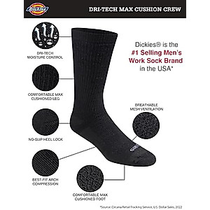 Dickies Men's Dri-Tech Moisture Control Max Full Cushion Crew Socks, Available in M-XL (6, 12, Solid Black (6 Pairs), Large