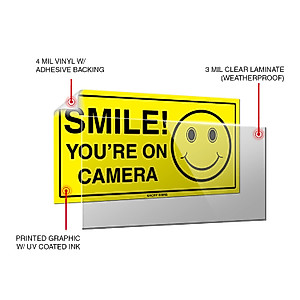 (Set of 6) Smile You're On Camera Sign - 2" x 4" - 4 Mil Vinyl - Laminated for Ultimate Protection & Durability - Self Adhesive Decal - UV Protected & Weatherproof - Heavy Duty