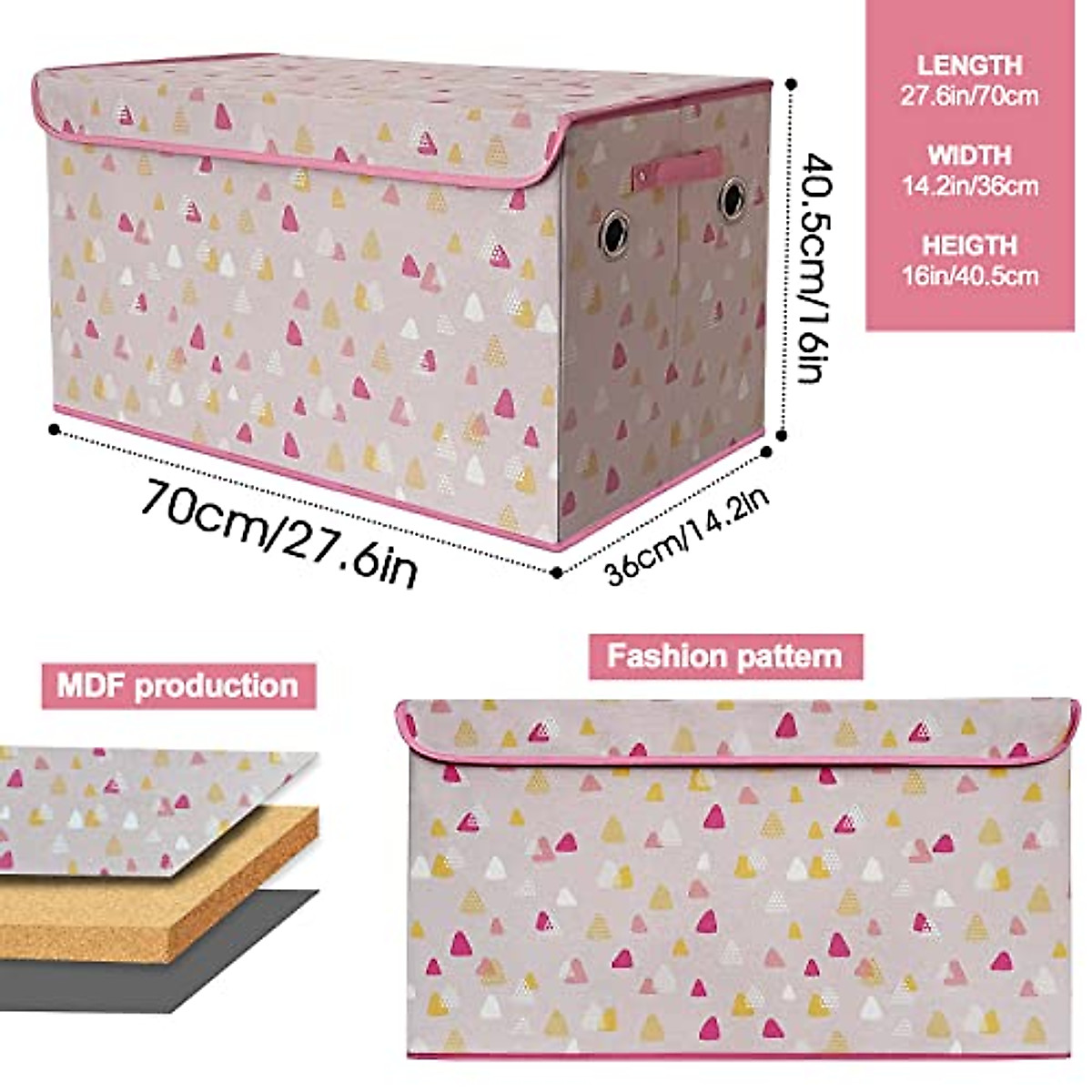 Extra Large Toy Box Chest Organizer for Girls Boys-Kids Collapsible Storage Bin Container with Sturdy Thick MDF Board,Lid and Handles for Clothes,Blanket,Nursery,Playroom,Bedroom,Stuffed Animals,Quilt(106L Pink)