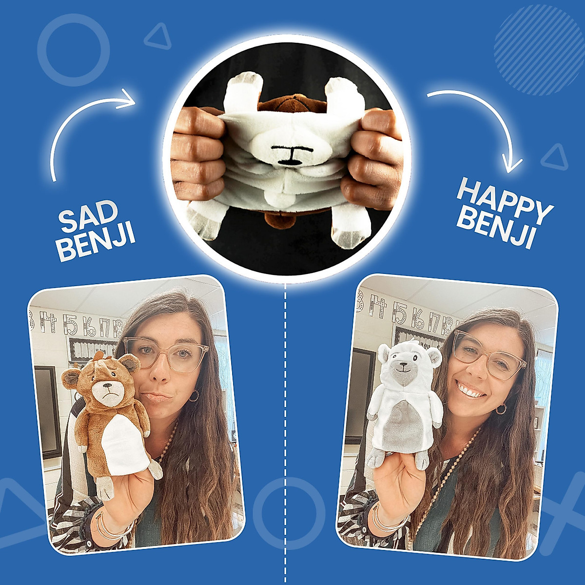 Reversible Toy Plush for Girls & Boys, Educational Mood Regulating Plushie Teddy Bear, Realistic Stuffed Animal for Babies, Toddlers, Preschool, Kindergarten (Benji The Bear -Full Body)