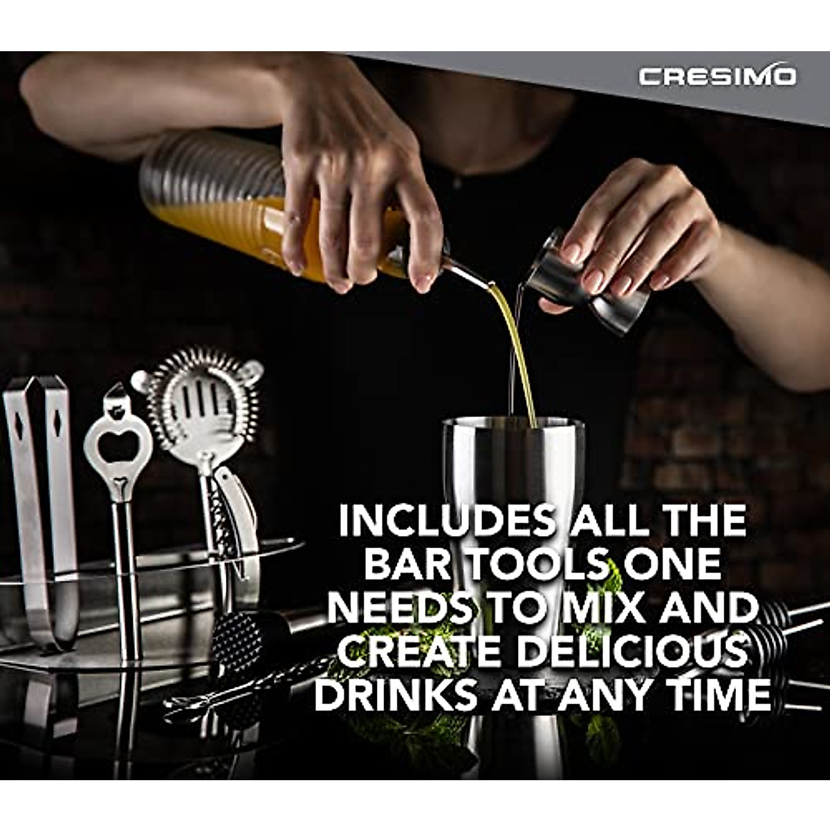 Cocktail Shaker Set with Stand- 12 Piece Stainless Steel Cocktail Set - 18oz Bar Shaker Set, Bar Tools, Perfect Cocktail Kit for Beginners or Professionals, Mixology Bartender Kit, Bar Kit - Cresimo