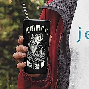 Women Want Me Fish Fear Me Funny Fishing 20 OZ Stainless Steel Tumbler Travel Car Coffee Mug with Straw Lid Cleaning Brush Coffee Tumbler Mug for Women Men