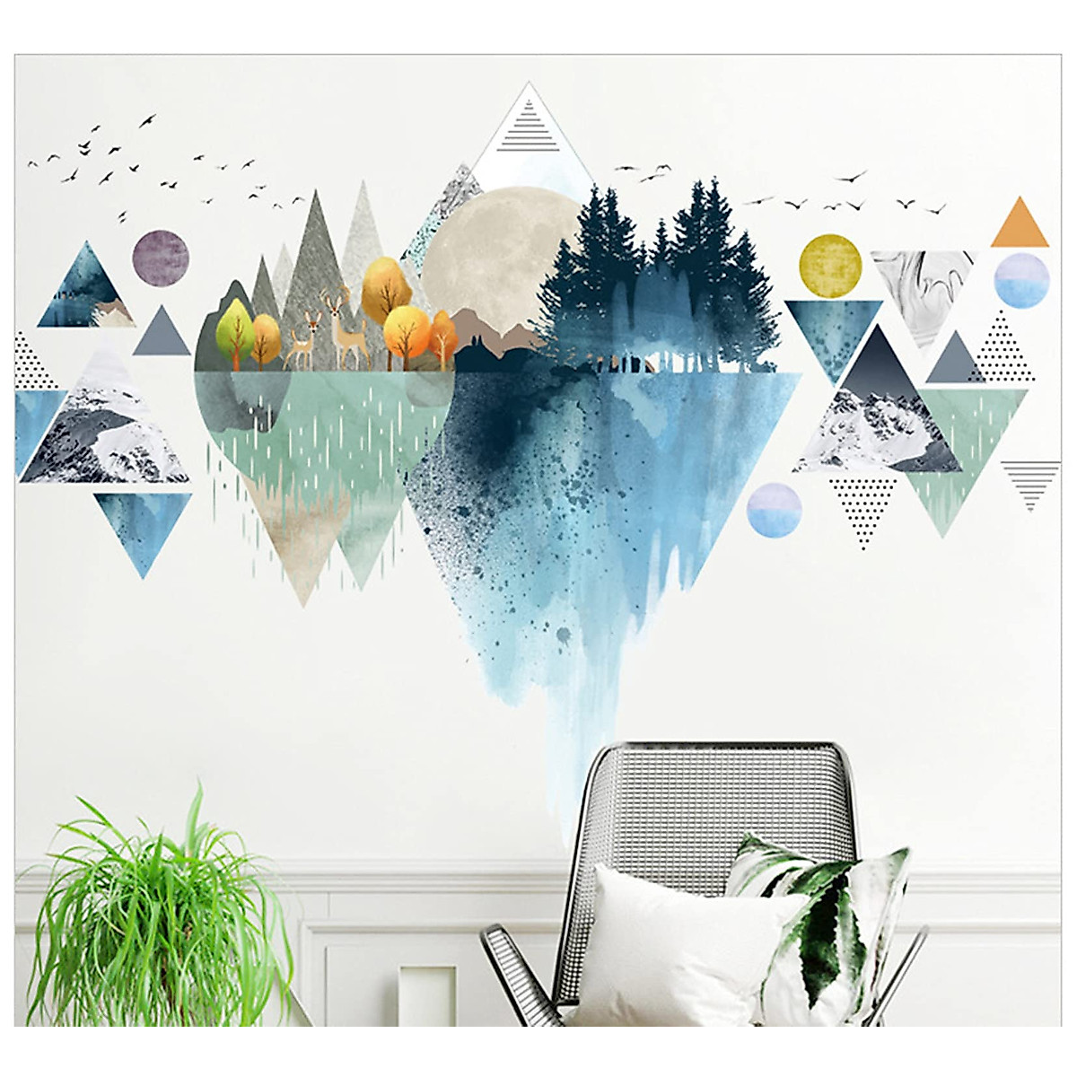 Arawat Abstract Wall Stickers & Murals Living Room Mountain Wall Decals for Bedroom Removable Geometric Wall Decal Decorations Kids Nursery Wall Decor 3D Forest Wall Decal Decorations Peel and Stick