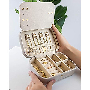 Plush Velvet Travel Jewelry Box Organizer | Travel Jewelry Organizer, Travel Jewelry Case | Small Jewelry Box for Women, Jewelry Travel Case | Earring Organizer Box with Mirror - Ivory