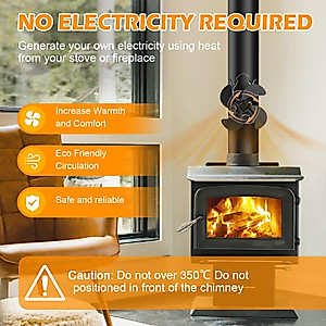 DTNESS Magnetic 4 Blades Heat Powered Stove Fan, Wood Stove Fan with Thermometer and Adjustable Clip, Silent Chimney Fireplace Fan, Hanging Log Burner Stove Fan