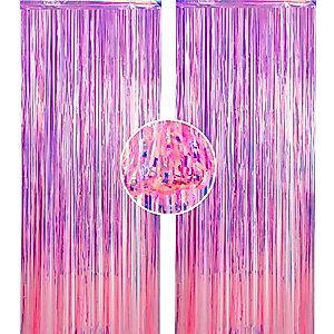Sharonlily Gorgeous Iridescent Pink Foil Fringe Curtain-2 Pack 3.2x8.2 Feet Premium Neon Metallic Streamers Photo Booth Backdrop for Birthday Bachelorette Graduation Party Decorations (Pink-Orange)